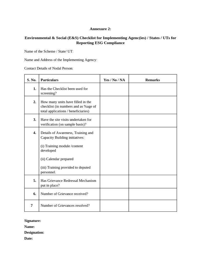 Annexure 2 - ESG Reporting Format For Implementing Agencies | PDF