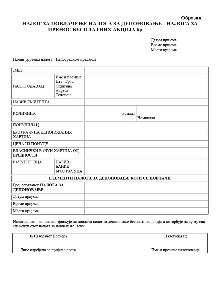 Obrazac 9. - Nalog Za Povlacenje Naloga Za Deponovanje - Naloga Za Prenos Besplatnih Akcija Br ...