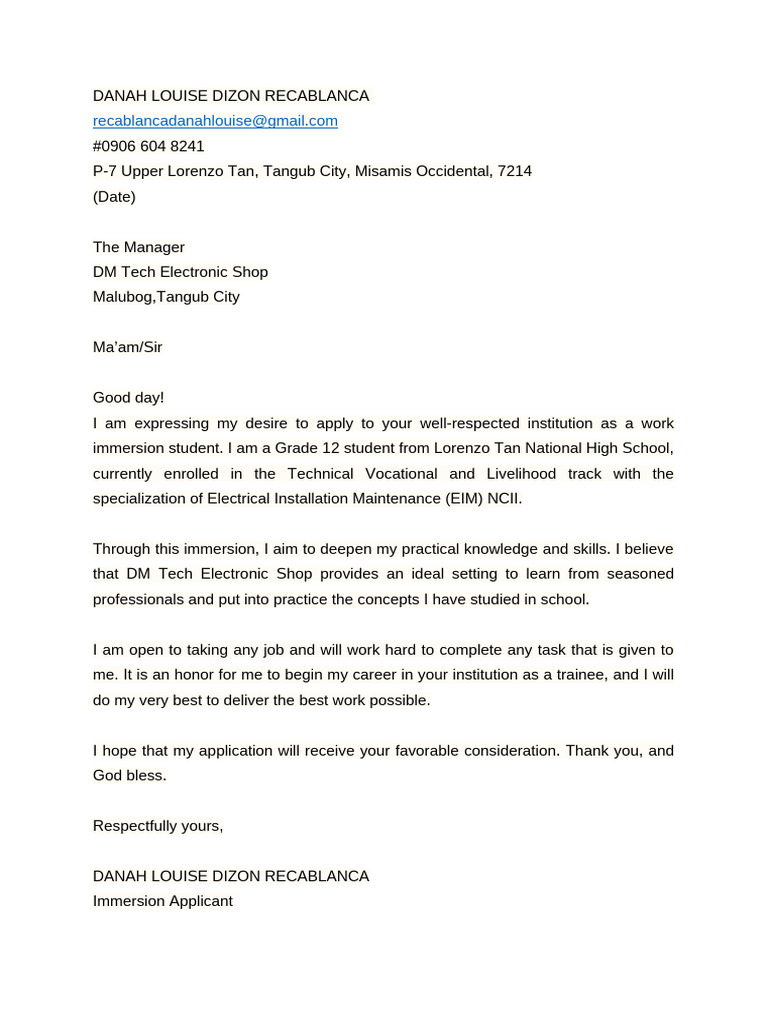 Application for Work Immersion at DM Tech | PDF