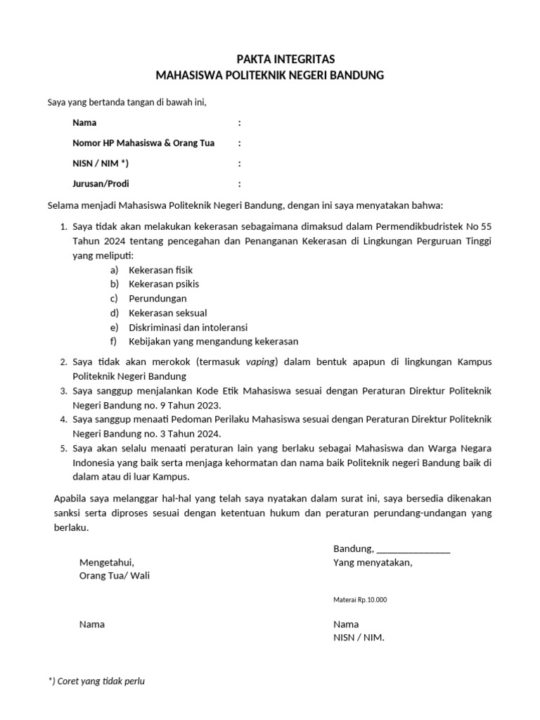 Pakta Integritas Mahasiswa Polban | PDF