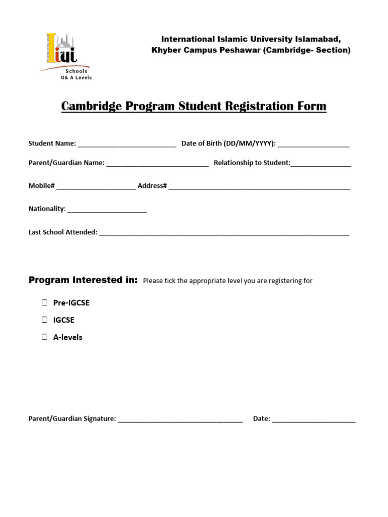 Cambridge Program Registration Form | PDF