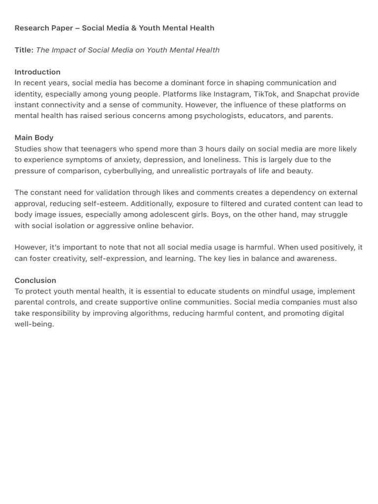 Research Paper - Social Media & Youth Mental Health | PDF