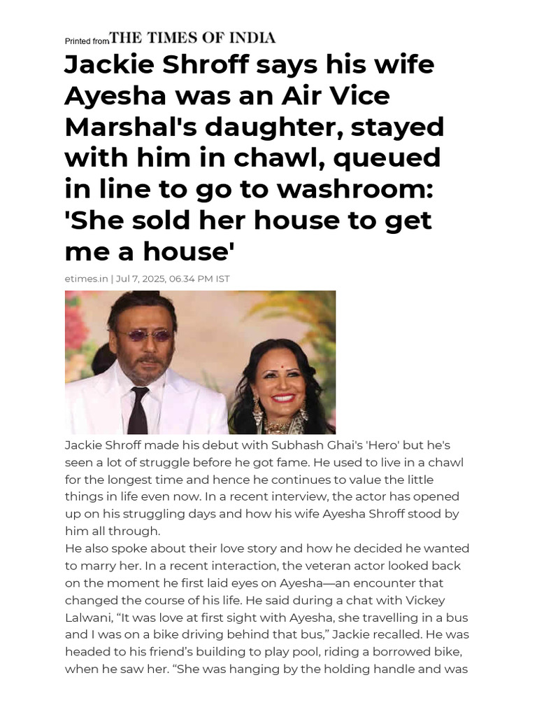 Jackie Shroff Says His Wife Ayesha Was An Air Vice Marshal's Daughter ...