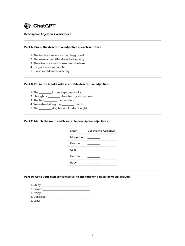 Descriptive Adjectives Worksheet | PDF