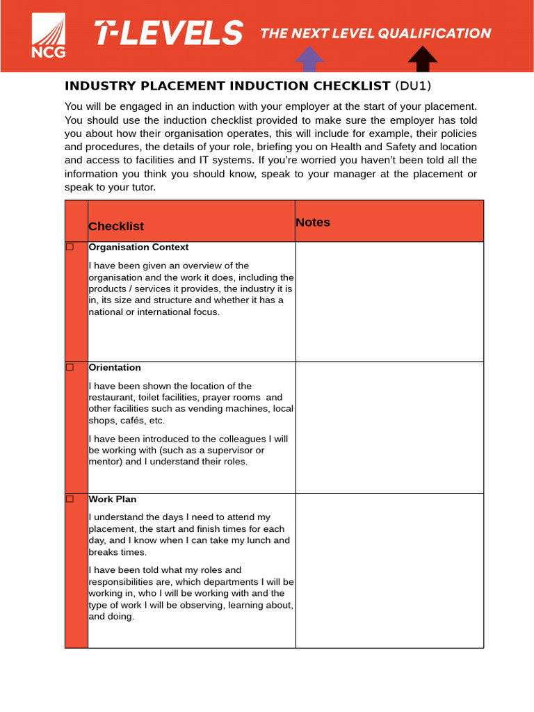 Du1 Industry Placement Induction Checklist 24.25 | PDF | Occupational ...