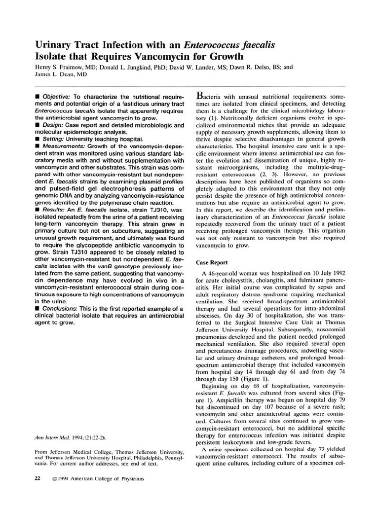 【1994第一例van依赖型EF】Urinary Tract Infection With an Enterococcus Faecalis ...