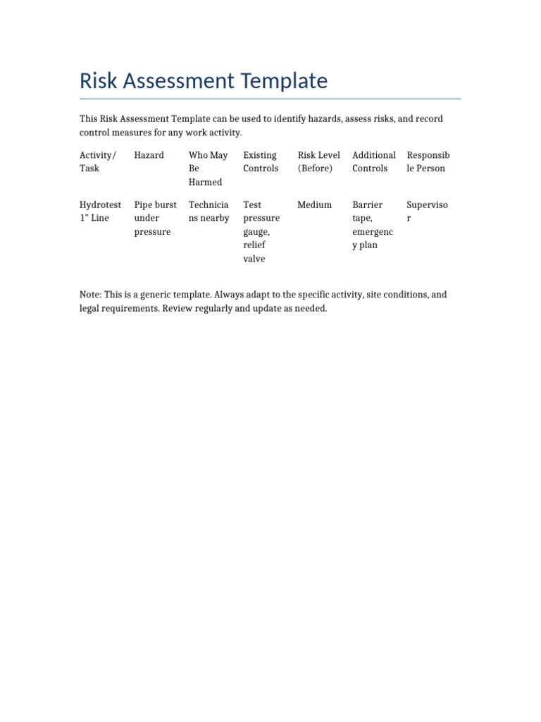 Risk Assessment Template for Work Activities | PDF
