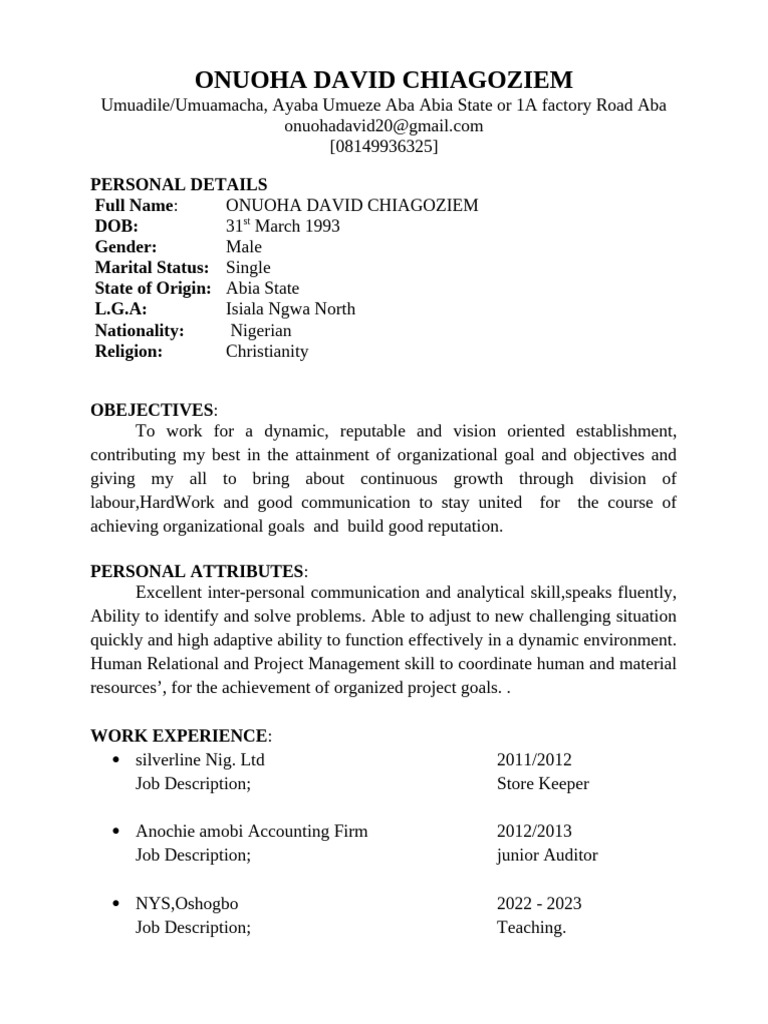 Onuoha David Chiagoziem CV Docx 1 | PDF