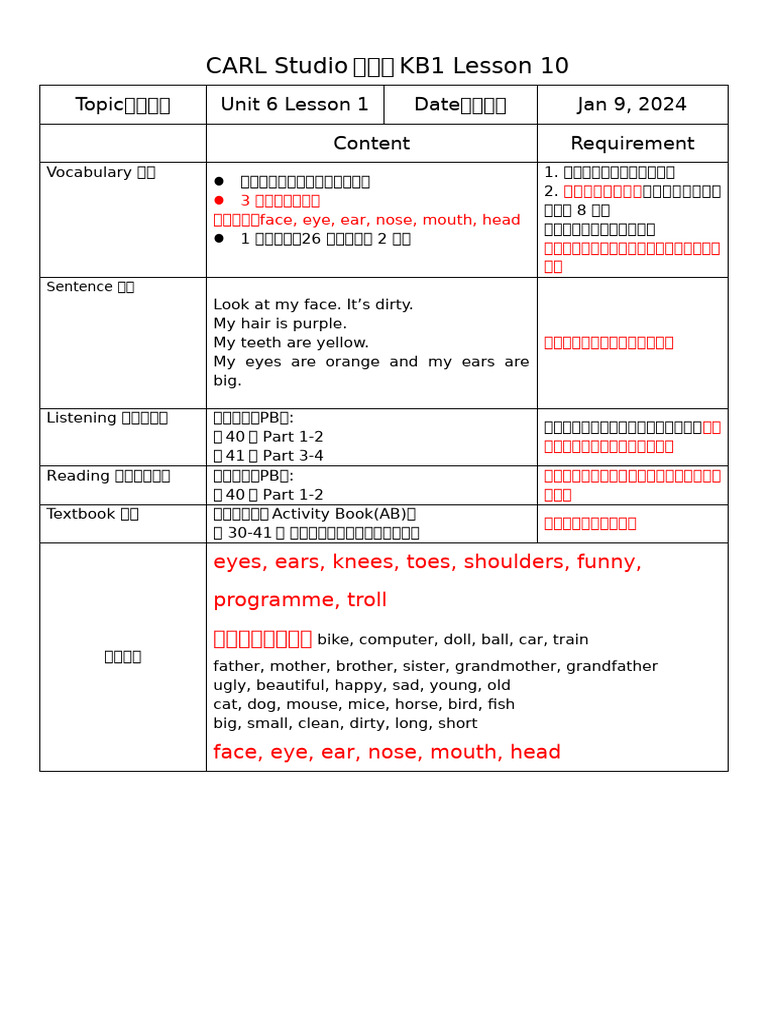 KB1 Lesson 10 Unit 6 L1作业 | PDF