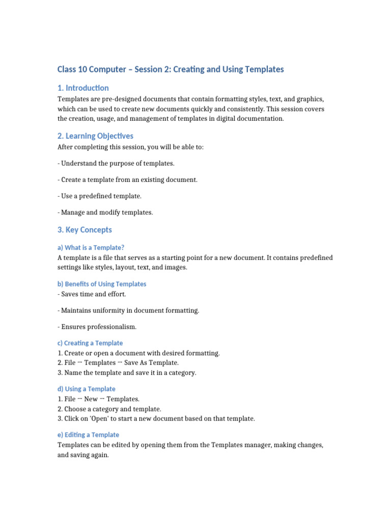 Creating and Using Templates in Class 10 | PDF