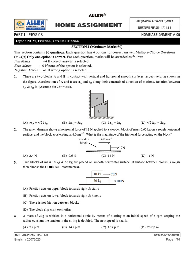 2007 Jee Main Advanced Nurture Phase Ia I II Home Assignment 06 Final | PDF | Force | Mole (Unit)