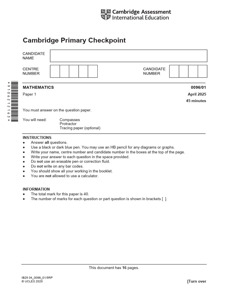 Cambridge Primary Checkpoint Math Paper | PDF