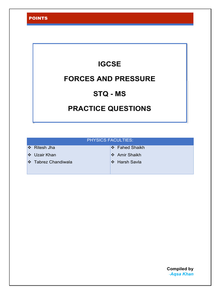 IGCSE Physics Practice Questions on Forces | PDF | Pressure | Force
