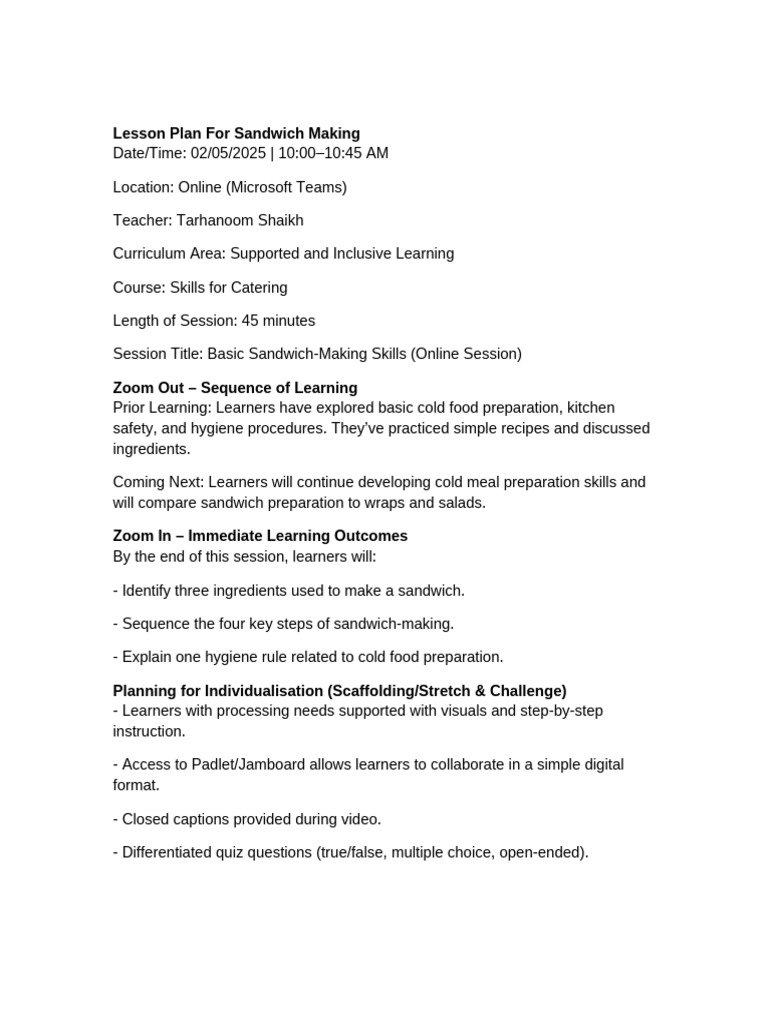 Sandwich Making Online Lesson Plan | PDF | Behavior Modification | Pedagogy