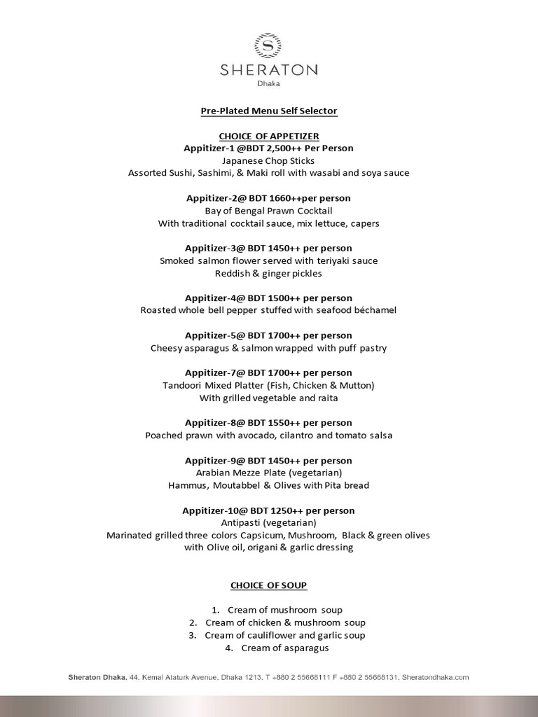 Sheraton Dhaka Pre-Plated Menu Prices | PDF | Sushi | Food And Drink