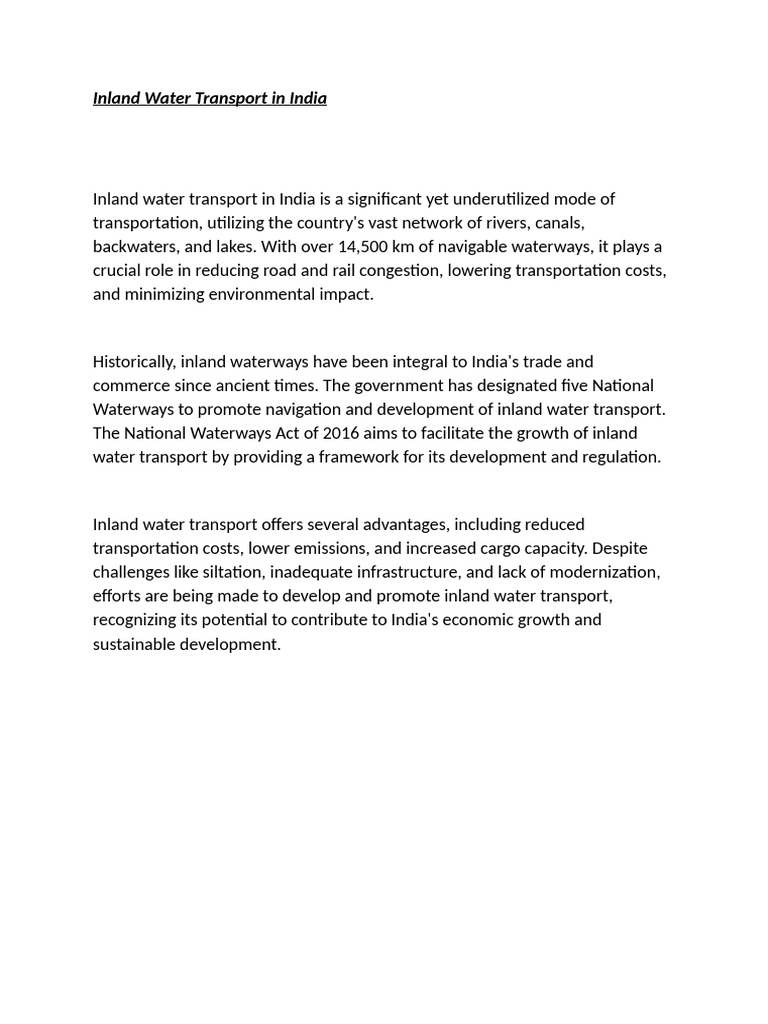 Inland Water Transport in India | PDF