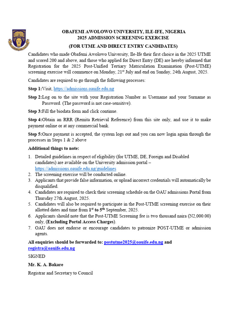 Obafemi Awolowo University Admission Advert 2025 | PDF