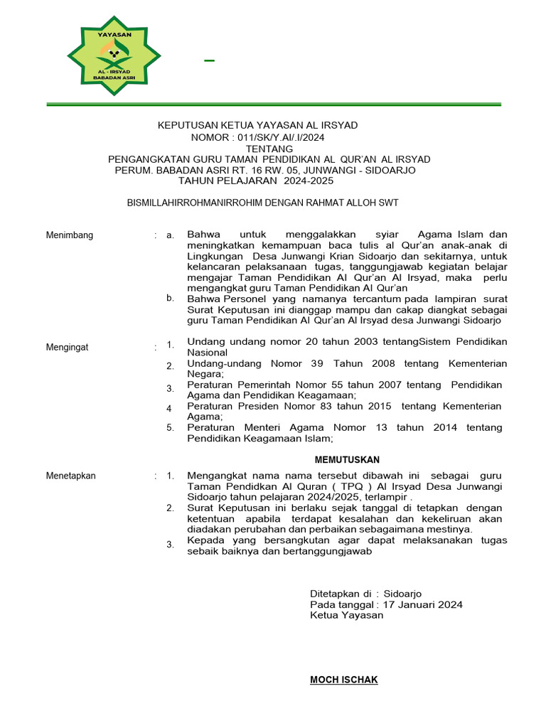 Contoh SK Guru TPQ 2025 | PDF