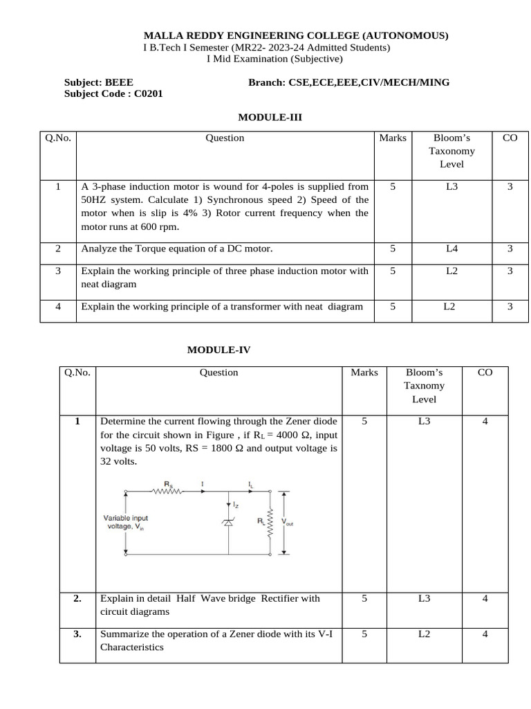 BEEE Mid Exam Questions for B.Tech Students | PDF | Rectifier | Diode