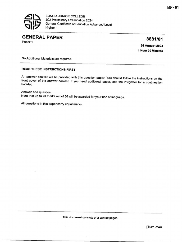 JC2 GP 2024 SA2 Eunoia | PDF