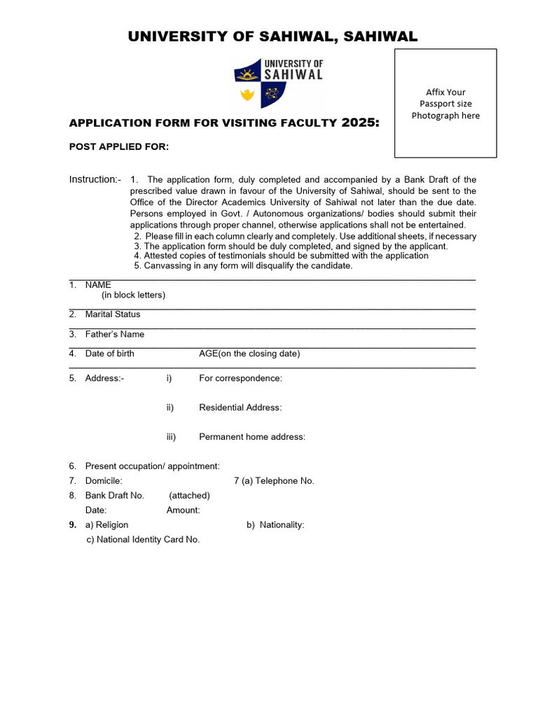 Visiting Faculty Application 2025 Form | PDF