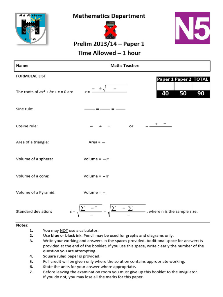Mathematics Prelim Exam Papers 2013/14 | PDF | Circle | Quadratic Equation