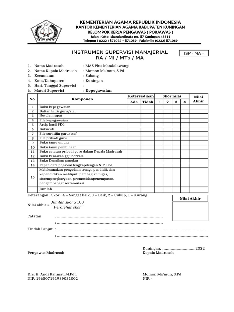 Instrumen Supervisi Manajerial Kepegawaian | PDF