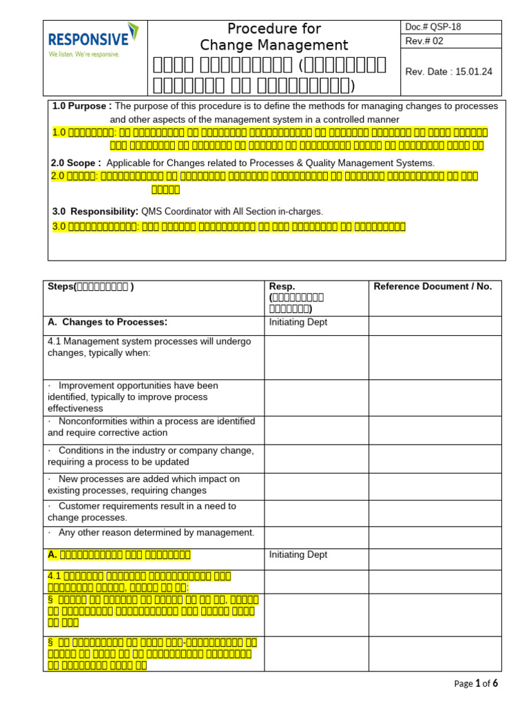 QSP 18 Procedure For Change Management, Rev.00 | PDF