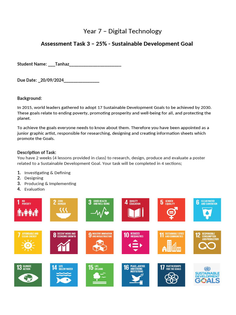 Year 7 Sustainable Development Goals Project | PDF