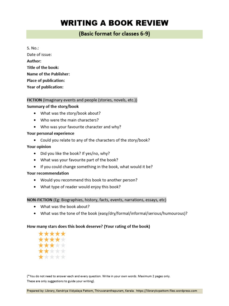 Writing A Book Review Basic Format For Classes 6 9 | PDF