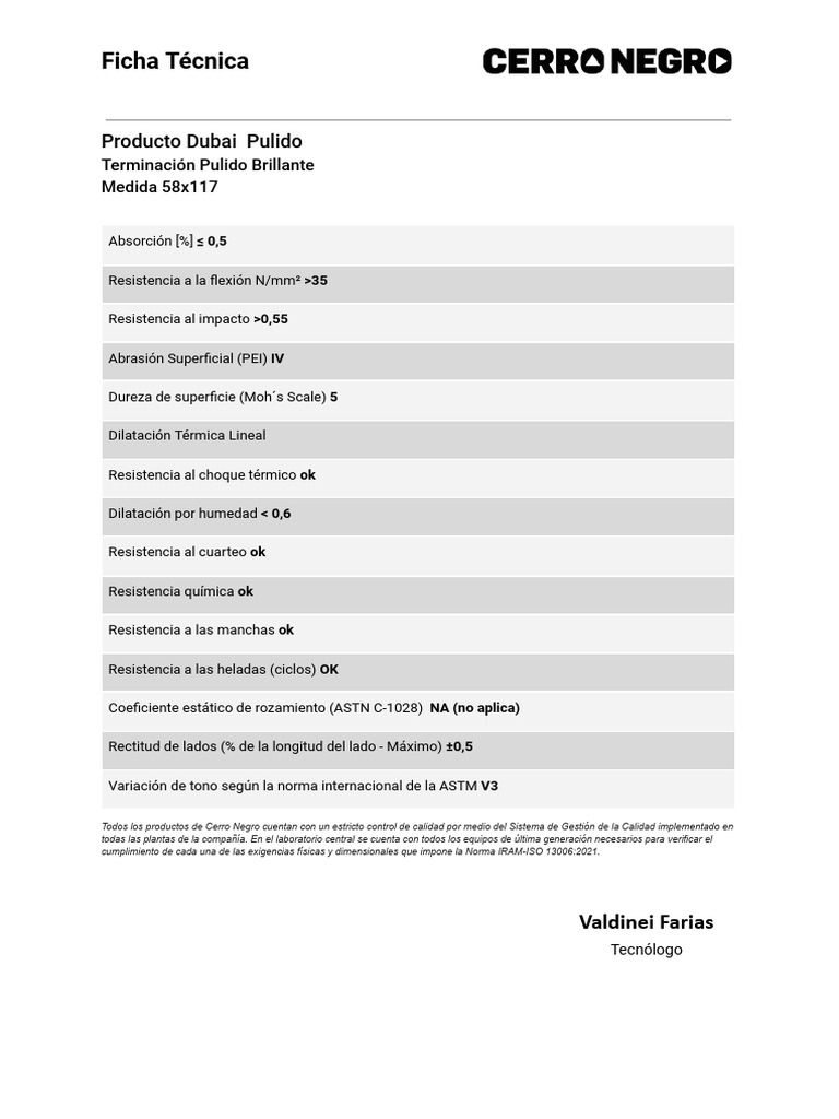 Ficha Tecnica Dubai Pulido 58x117 201761700000.1.2 | PDF