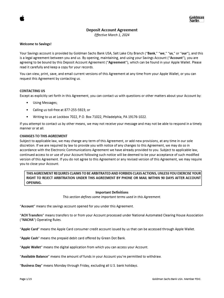 Marcus Deposit Account Agreement 2024 | PDF | Cheque | Banks