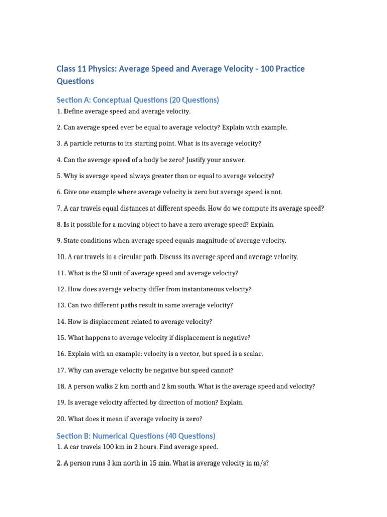 Average Speed & Velocity: Class 11 Practice | PDF | Speed | Velocity