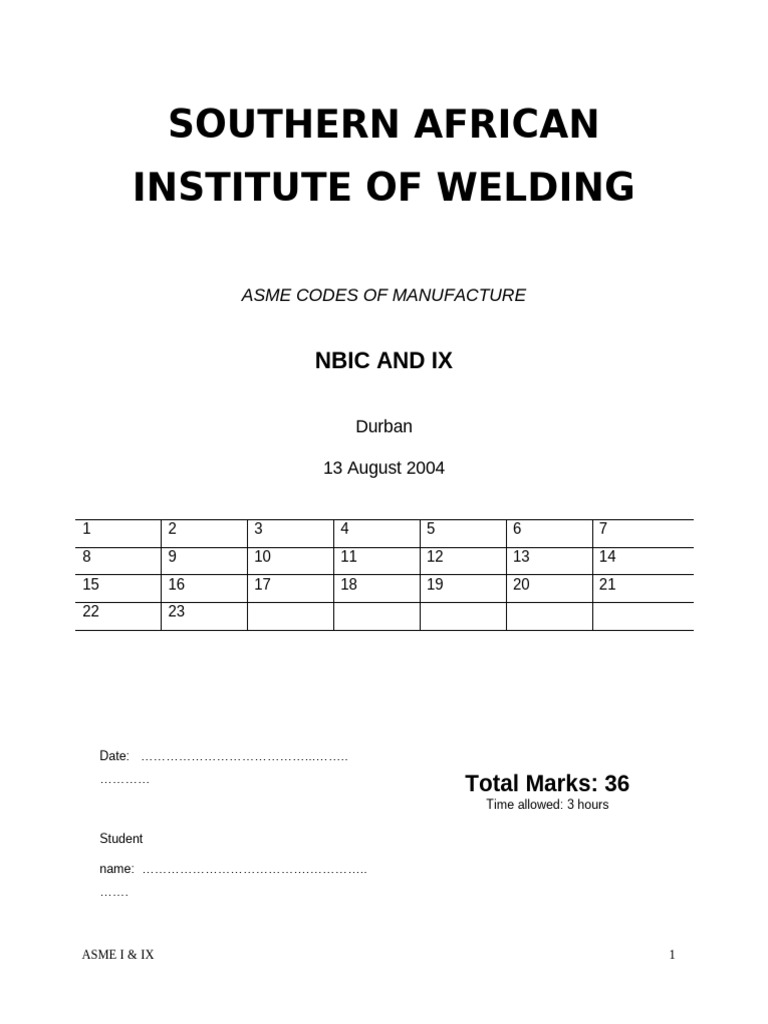 ASME Codes and NBIC Exam - Durban | PDF | Welding | Construction