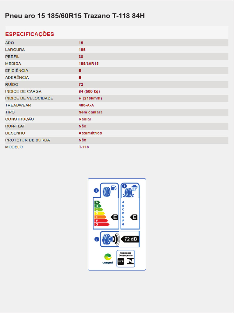 01 - Pneu aro 15 185-60R15 Trazano T-118 84H | PDF