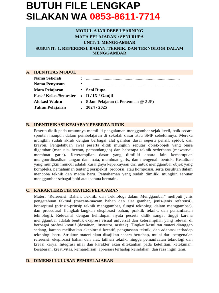 Modul Ajar Deep Learning SBK Seni Rupa Kelas 9 Terbaru 2025 | PDF