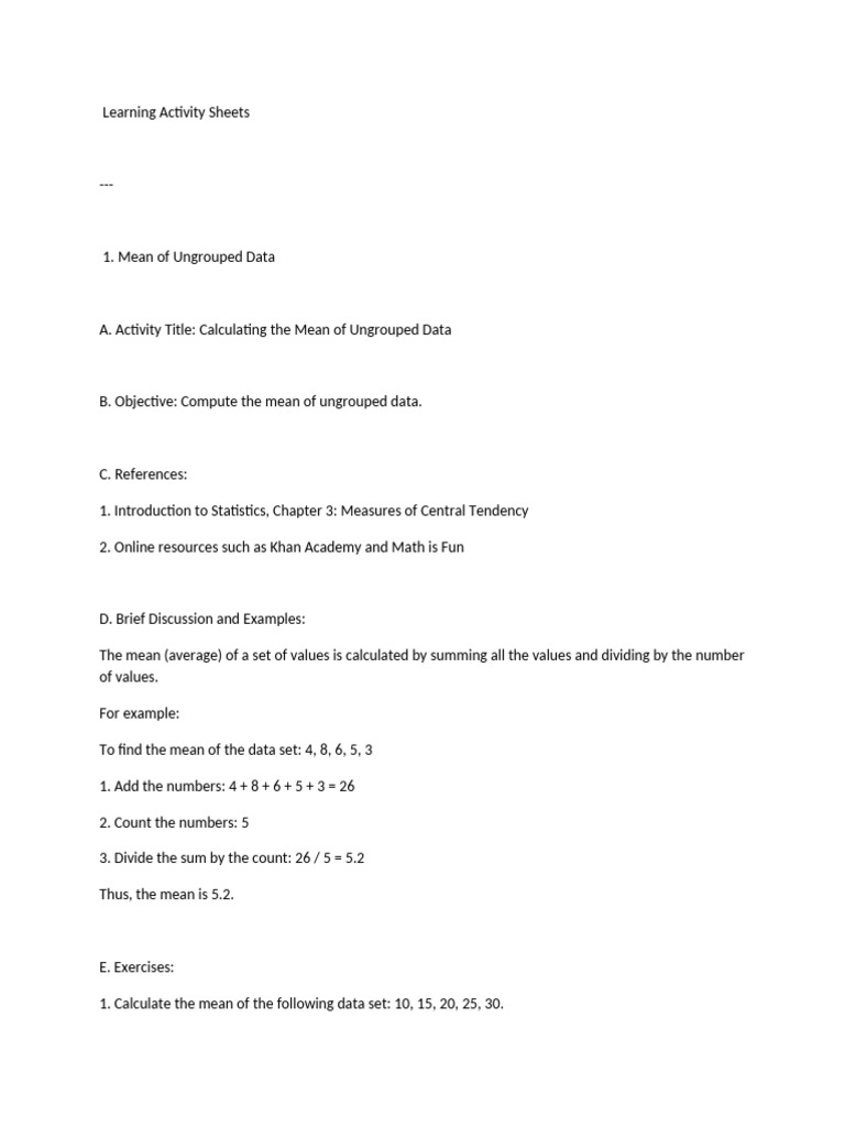 Mean, Mode, Median Activities Guide | PDF | Arithmetic Mean | Mode ...