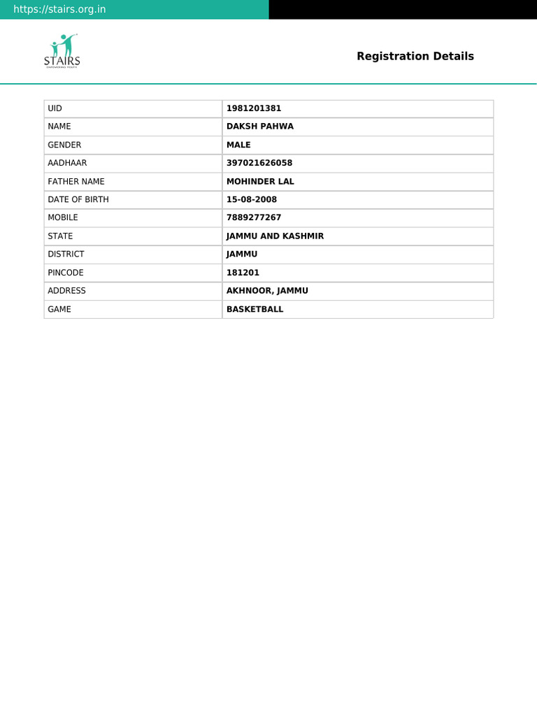 Registration Details: UID Name Gender Aadhaar Father Name Date of Birth Mobile State District ...