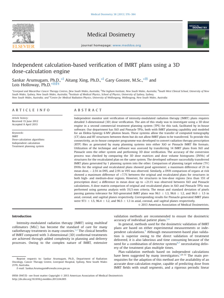Independent Calculation-Based Verification of IMRT Plans Using A 3D | PDF | Radiation Therapy ...