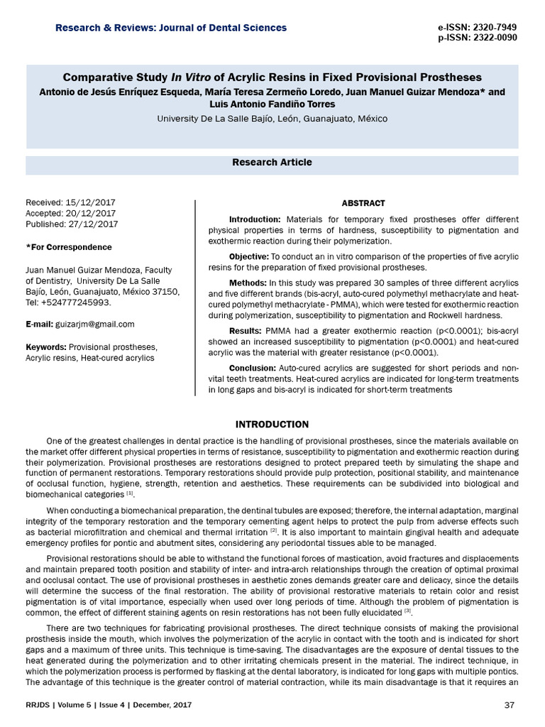Comparative Study in Vitro of Acrylic Resins in Fixed Provisional ...