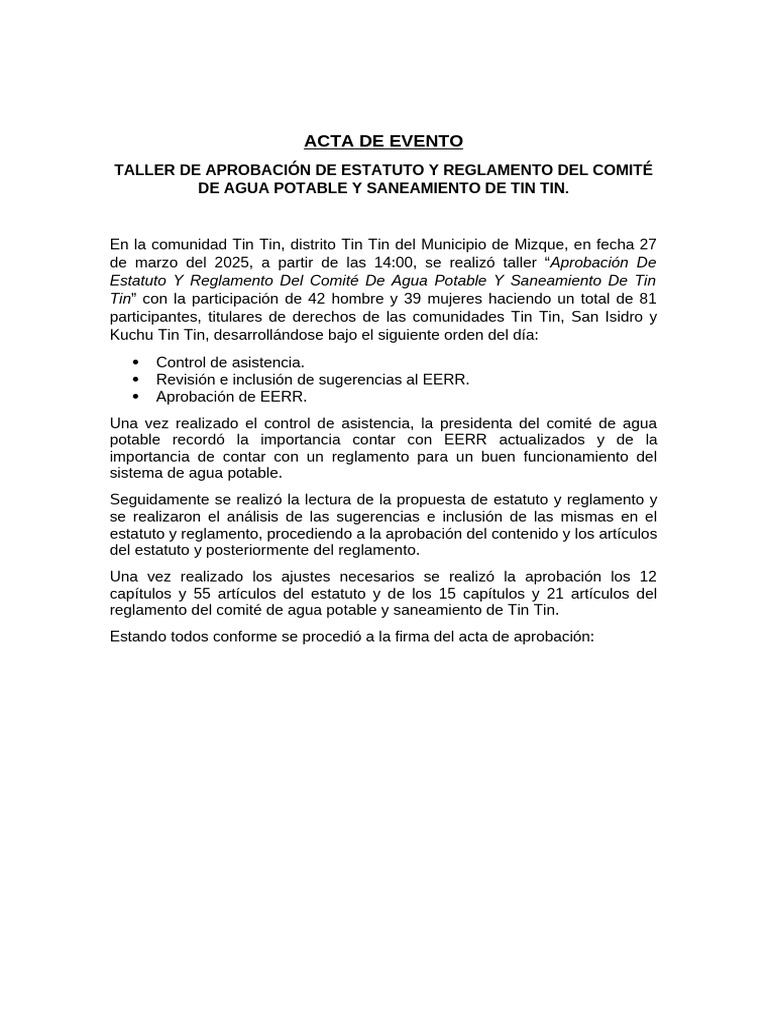 ACTA Aprobacion de Estatuto y Reglamento EPSA | PDF