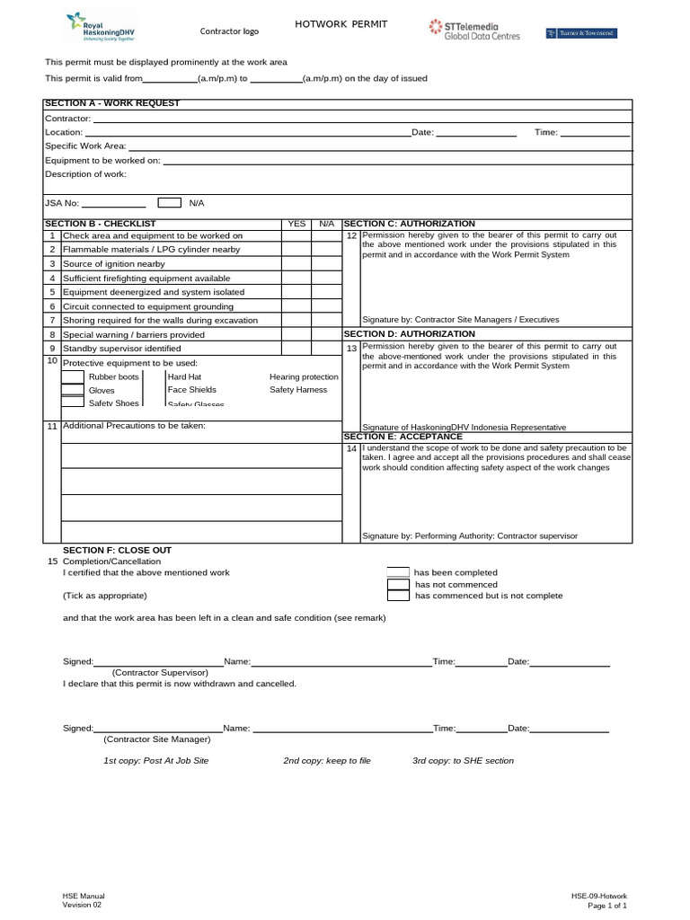 HSE 09 Hotwork Permit Template (SD) 01 | PDF | Safety | Occupational ...