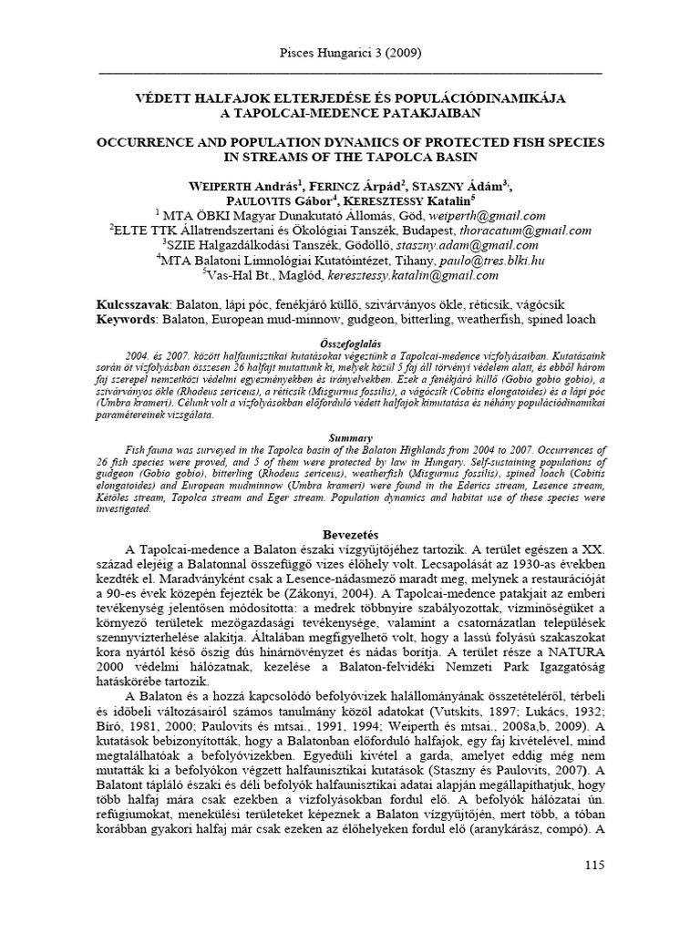 Védett Halfajok Elterjedése És Populációdinamikája A Tapolcai-Medence ...