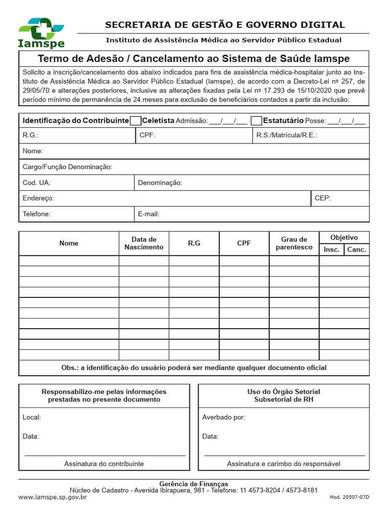 Formulário 10 - Termo de Adesão Ou Cancelamento Do Iamspe | PDF