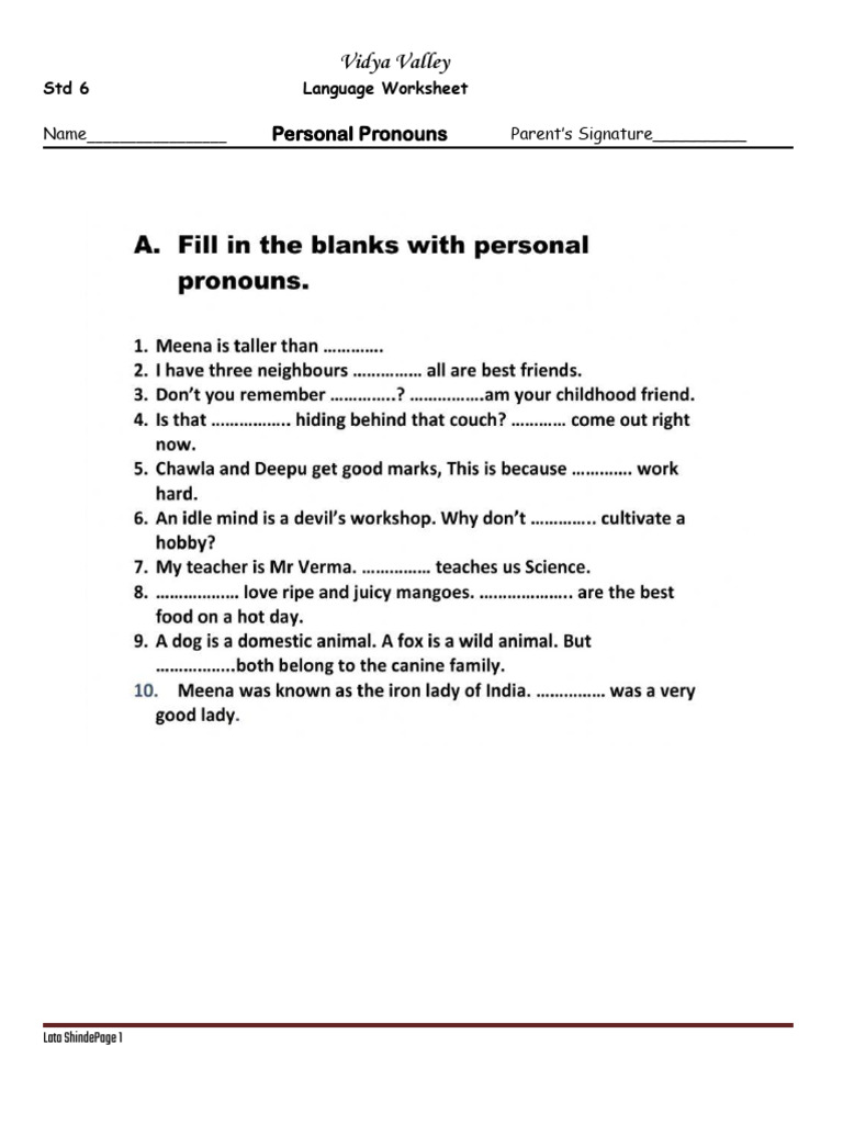 Personal Pronouns Worksheet | PDF