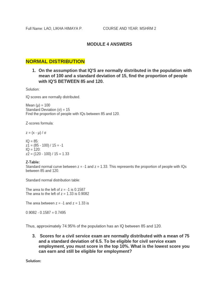 Module 4 Assessment Task (Normal&Sampling) | PDF | Standard Deviation | Normal Distribution