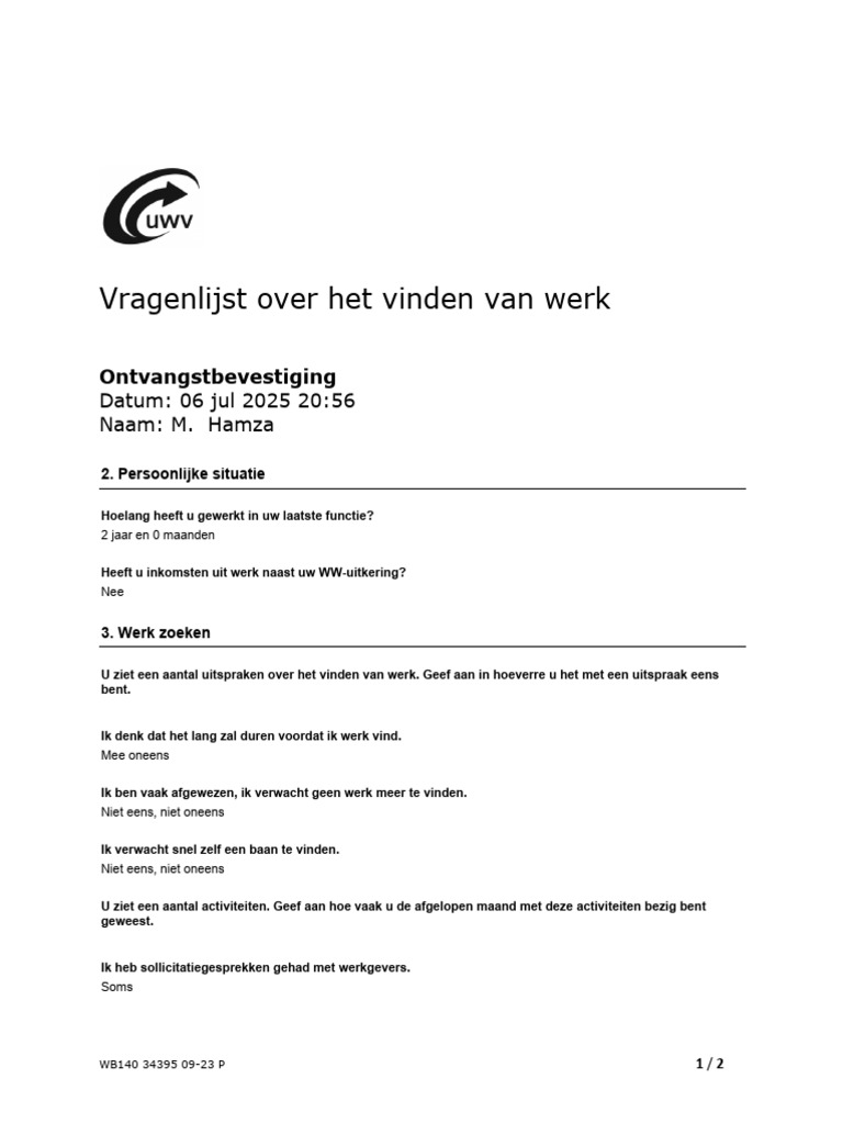 Vragenlijst Over Het Vinden Van Werk: Ontvangstbevestiging | PDF