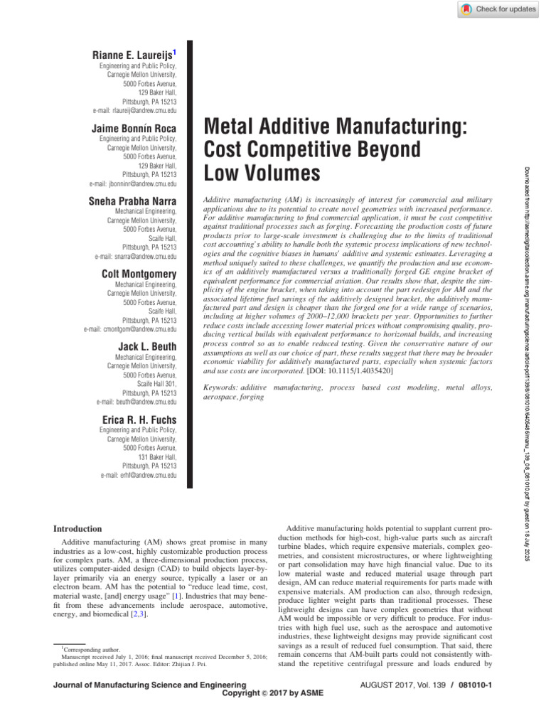 (2017) Metal Additive Manufacturing - Cost Competitive Beyond Low ...