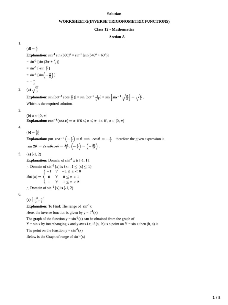 Sol Worksheet-2 (InverseTrigonometric Functions) | PDF | Trigonometric Functions | Mathematical ...