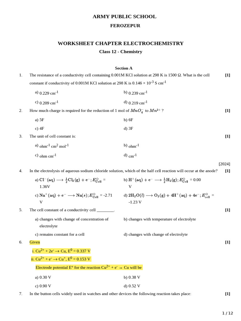 Electrochemistry Worksheet | PDF | Electrochemistry | Redox